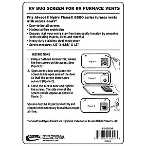 Valterra A10-1302VP Bug Screen for Outside RV Furnace Vent - Fits Atwood Hydroflame 8500 Series, 4.5 inches x 4.88 inches x 1.3 inches