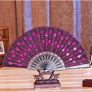 FKJLUN Handmade Folding Fan Peacock Pattern Folding Hand Held Fan Embroidered Sequin Party Wedding Prom Chinese Spain Hand Fan Folding Handheld Fan (Size : E)
