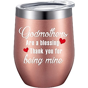Wine Tumbler Godmother Appreciation Gift Godmothers Are a Blessing Thank You for Being Mine, Baptism Gift Wine Glass Tumbler with Lid, Straw and Gift Box (Rose Gold)