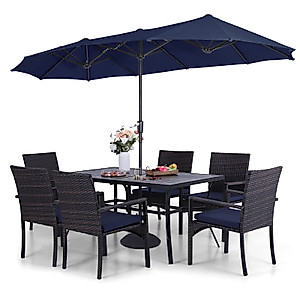 Sophia & William 7 Pieces Patio Dining Furniture with 13 Ft Navy Double-Sided Twin Umbrella, Outdoor Rattan Chairs & Metal Table Set with Cushions and 1.57" Umbrella Hole for Backyard Porch Poolside