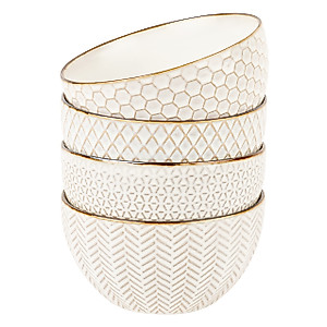 KooK Ceramic Cereal Bowls, Embossed, for Yogurt, Dessert and Poke, Microwave & Dishwasher Safe, Cream with Dark Copper Accents, Set of 4, 22 oz, Narbonne Collection