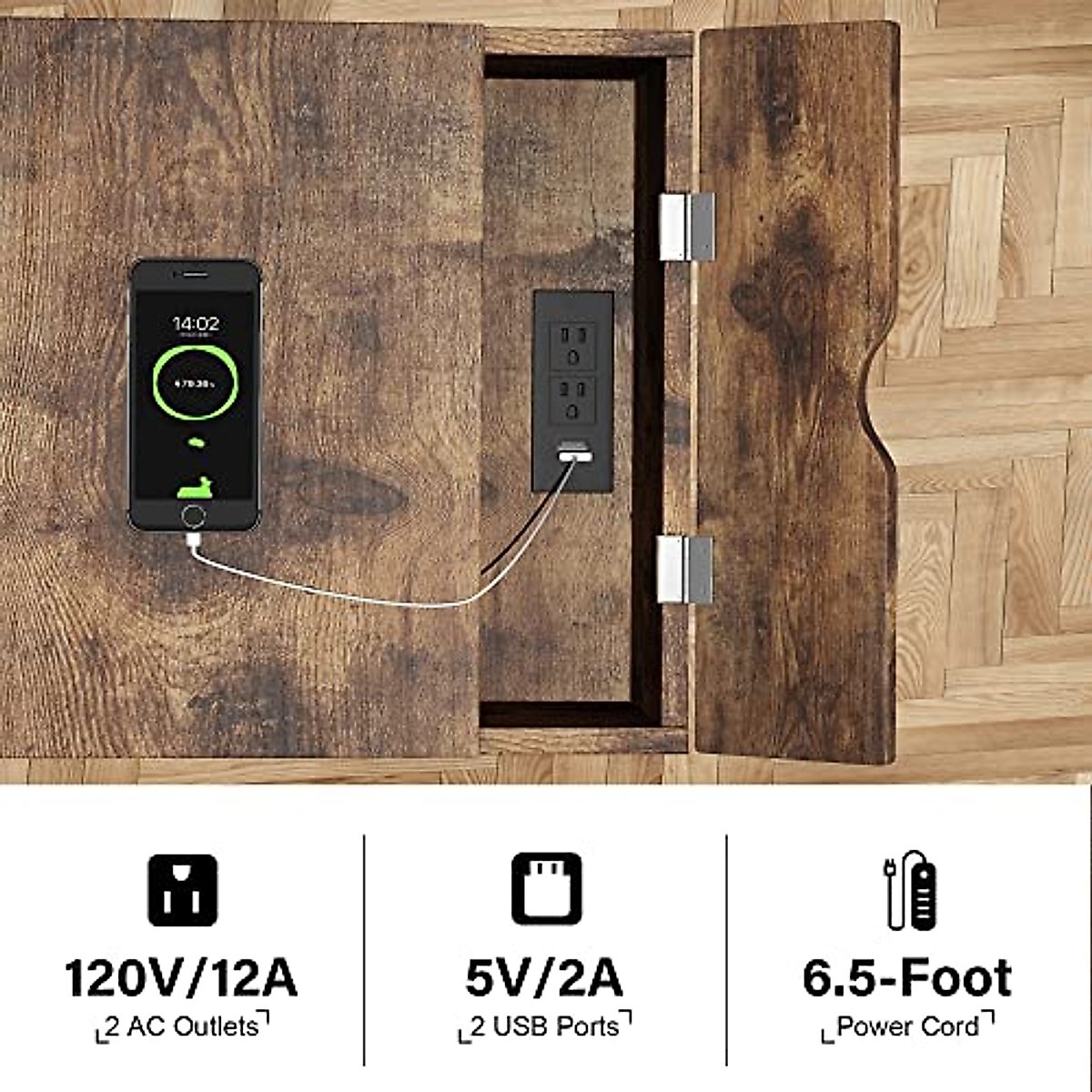 ChooChoo Nightstand with Charging Station and USB Ports, Rustic Side End Table with Drawer and Metal Shelf, Bedside Table for Small Spaces, Bedroom, Rustic Brown