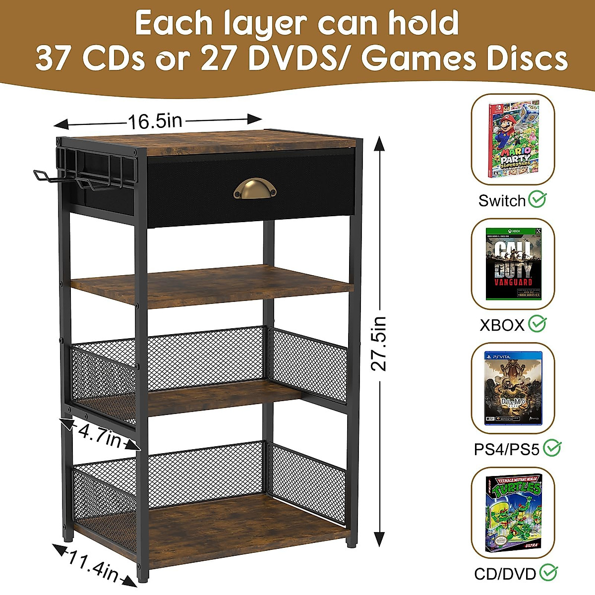 Hongtamoya 4-Tier AV Media Stand with Drawer, Video Game Console Shelf with 2 Hooks, Audio Rack Tower Perfect for/Xbox/ PS5/Switch/Game Consoles/DVD/Record Player/Projector/Sky Box/TV Accessories