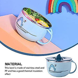 YARNOW 1000ml Noodle Bowl Stainless Steel Eating Bowl Shark Animal Style Blue Bowl Soup Breakfast Oat Grains Bowl with Lid Handle for Home
