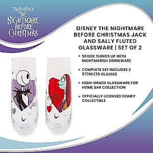 Disney The Nightmare Before Christmas Jack and Sally 9-Ounce Stemless Fluted Glassware, Set of 2 | Toasting Champagne Glass Cups For Wine, Mimosas, Cocktails | Home Bar & Kitchen Essentials