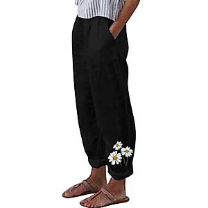 Fujiuia Women's Casual Pants Office Commuting Seven-Piece Pocket Wide Leg Casual Light Pants Printed Casual Pants