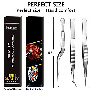 Tangoowal Kitchen Cooking Tweezers Culinary,3 Piece Set Stainless Steel Tweezer Precision Tongs Offset Tip for Cooking Food Design styling(6.3-Inch)