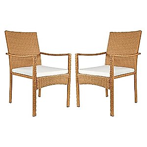 Amazon Brand - Ravenna Home Set of 2 Coastal Outdoor Patio Dining Chairs with Cushion, Weather-Resistant PE Rattan Wicker - Beige