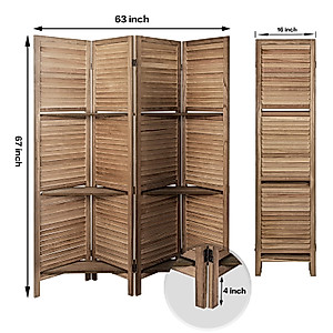 Babion 4 Panels Room Divider, Privacy Screen Room Dividers and Folding Privacy Screen, Room Dividers with 3 Display Shelves, 5.6 Ft Tall Wood Room Divider, Partition Wall for Home Office, Brown
