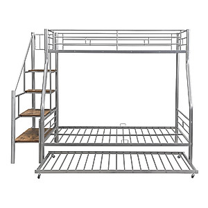 Bellemave Twin Over Full Metal Bunk Beds with Trundle and Storage Staircase,Heavy-Duty Metal Bunk Bed Frame for Kids,Teens,Adults，Space-Saving,Silver