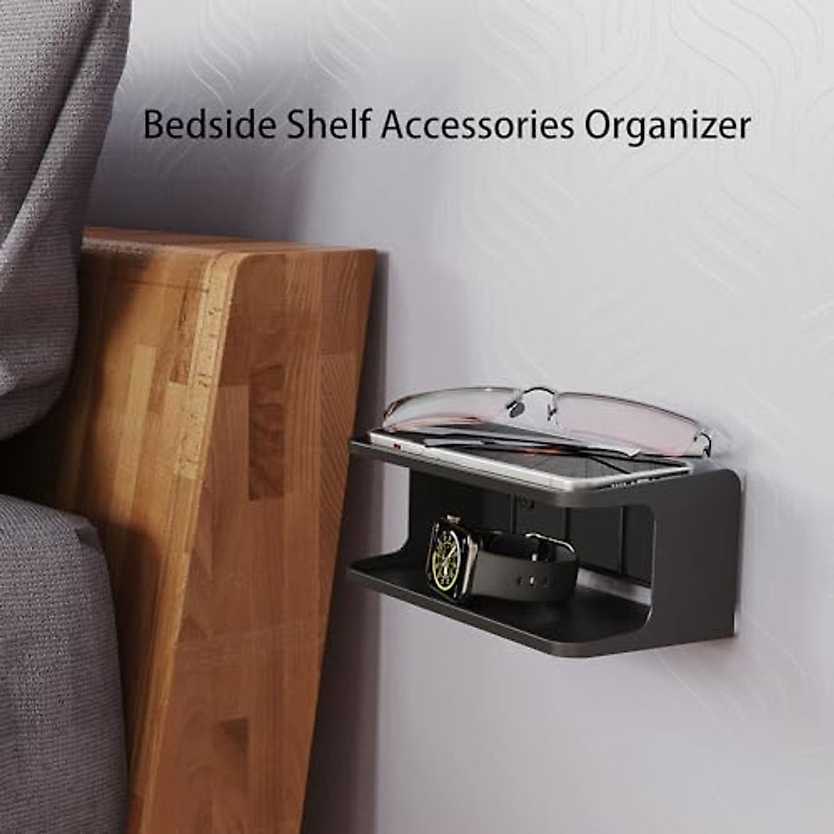 Wall Double-Layer Shelf Bedside Shelf Organizer Storage Shelves Bracket Abs Plastic Bedside Shelf Caddy Basket Pocket Organizer Office Mount Bedroom,Dorm (Black)
