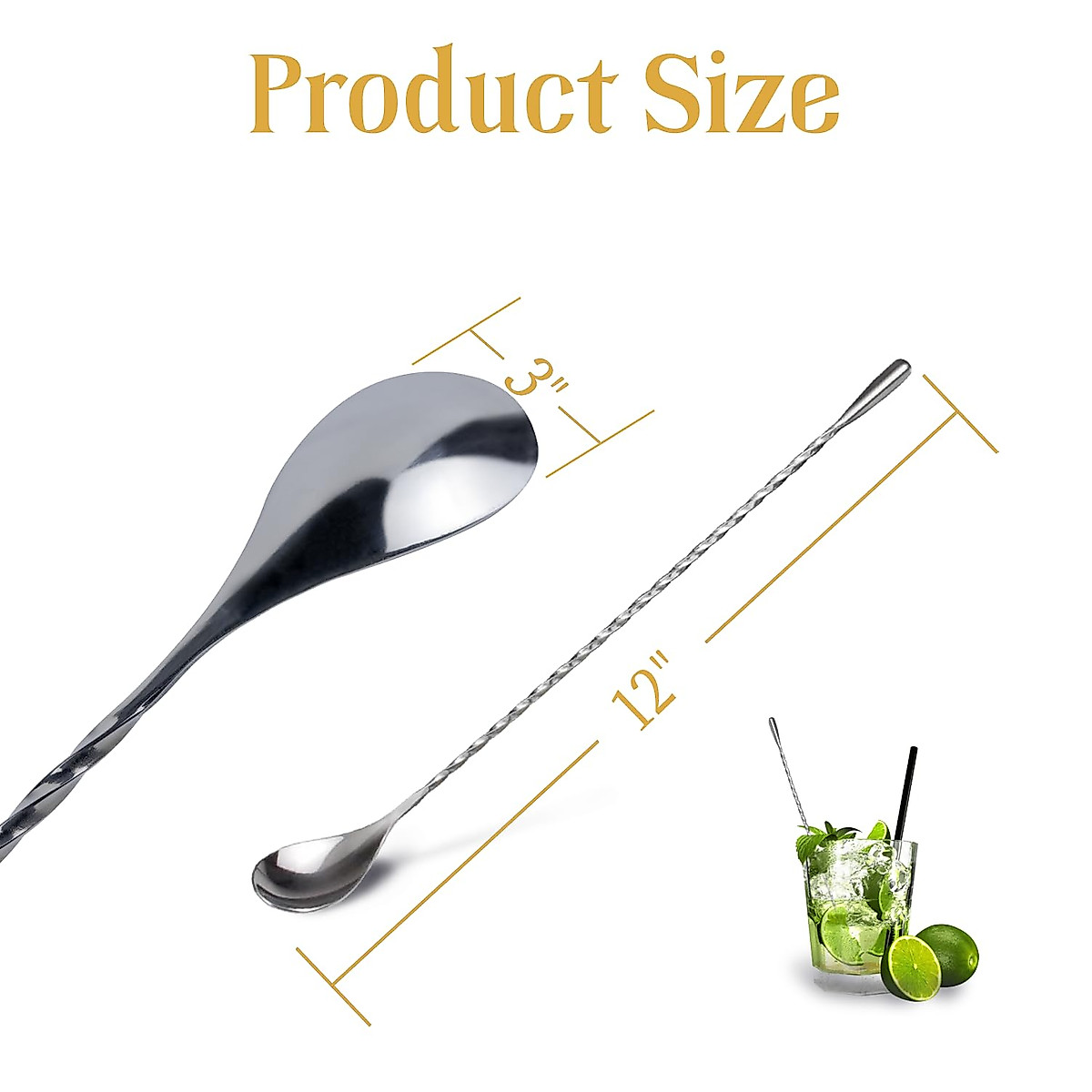 Ortarco 12 Inch Stainless Steel Bar Spoon for Cocktail Mixing with Spiral Handle Silver