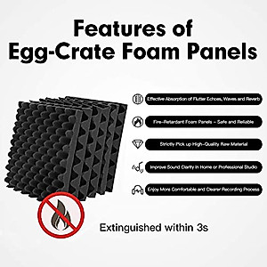 12 Pack-12x12x1.18 Inches Black Egg-crate Acoustic Foam Panels,Studio Foam Panels Meant for Echo Absorption, Acoustic Panels for Home Office, Sound Absorbing Panels(12x12x1.18 Inches, Black)