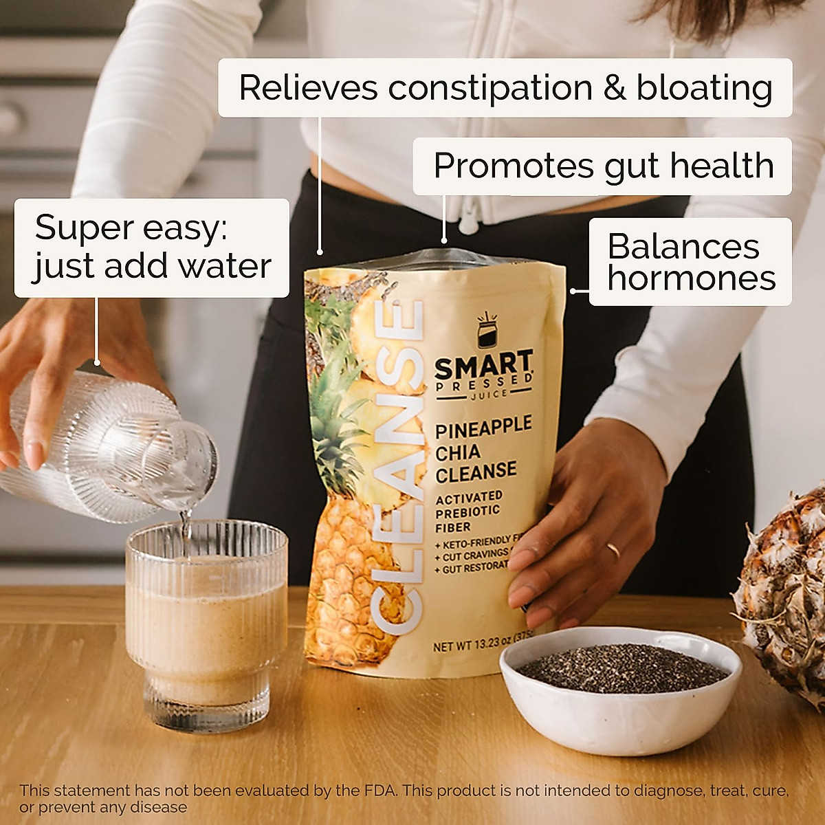 SMART Pressed Juice Pineapple Chia Cleanse | Prebiotic Superfood Plant Based Fiber with Vegan Probiotics & Enzymes | 30 Servings (Packaging May Vary)