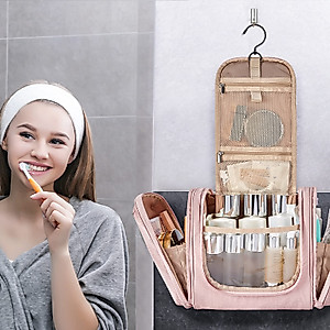 BAGSMART Toiletry Bag for Women, Travel Toiletry Organizer with hanging hook, Water-resistant Cosmetic Makeup Bag Travel Organizer for Shampoo, Full-size Container, Toiletries, Pink-Medium