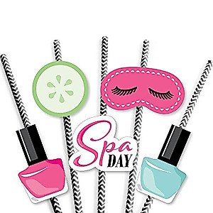Big Dot of Happiness Spa Day - Paper Straw Decor - Girls Makeup Party Striped Decorative Straws - Set of 24