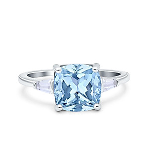 Blue Apple Co. Simulated Aquamarine Cubic Zirconia Size-7 Cushion Cut Art Deco Wedding Bridal Ring Baguette CZ 925 Sterling Silver