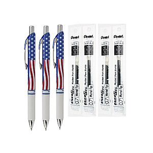 Pentel EnerGel Deluxe RTX Liquid Gel Ink Pen Set Kit, Stars & Stripes, Pack of 3 with 4 Refills (Black - 0.7mm)