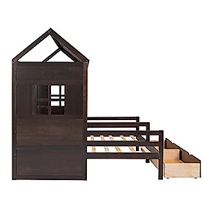 Merax Twin House Shared Bed Frame for Kids, Twin Twin Platform Bed with Drawer, Storage Playhouse Bed Frame with Roof and Fence for Living Room Bedroom