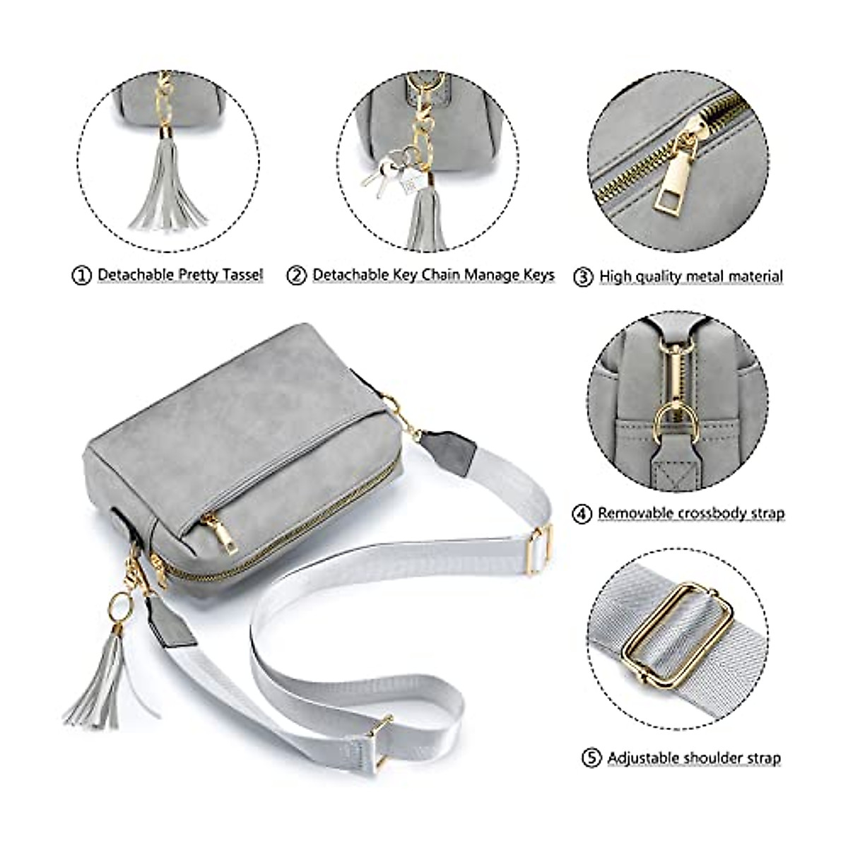 Roulens Triple Zip Small Crossbody Bag for women,Wide Strap Cell Phone Purse Shoulder Handbag Wallet with Credit Card Slots