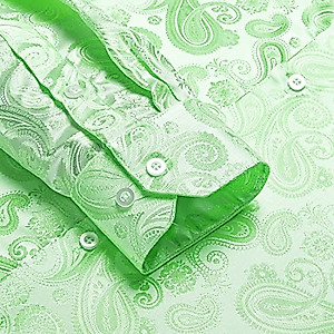 Hi-Tie Light Green Dress Shirt for Men Silk Long Sleeve Paisley Button Down Casual Muscle Fit Spread Collar Shirts 15