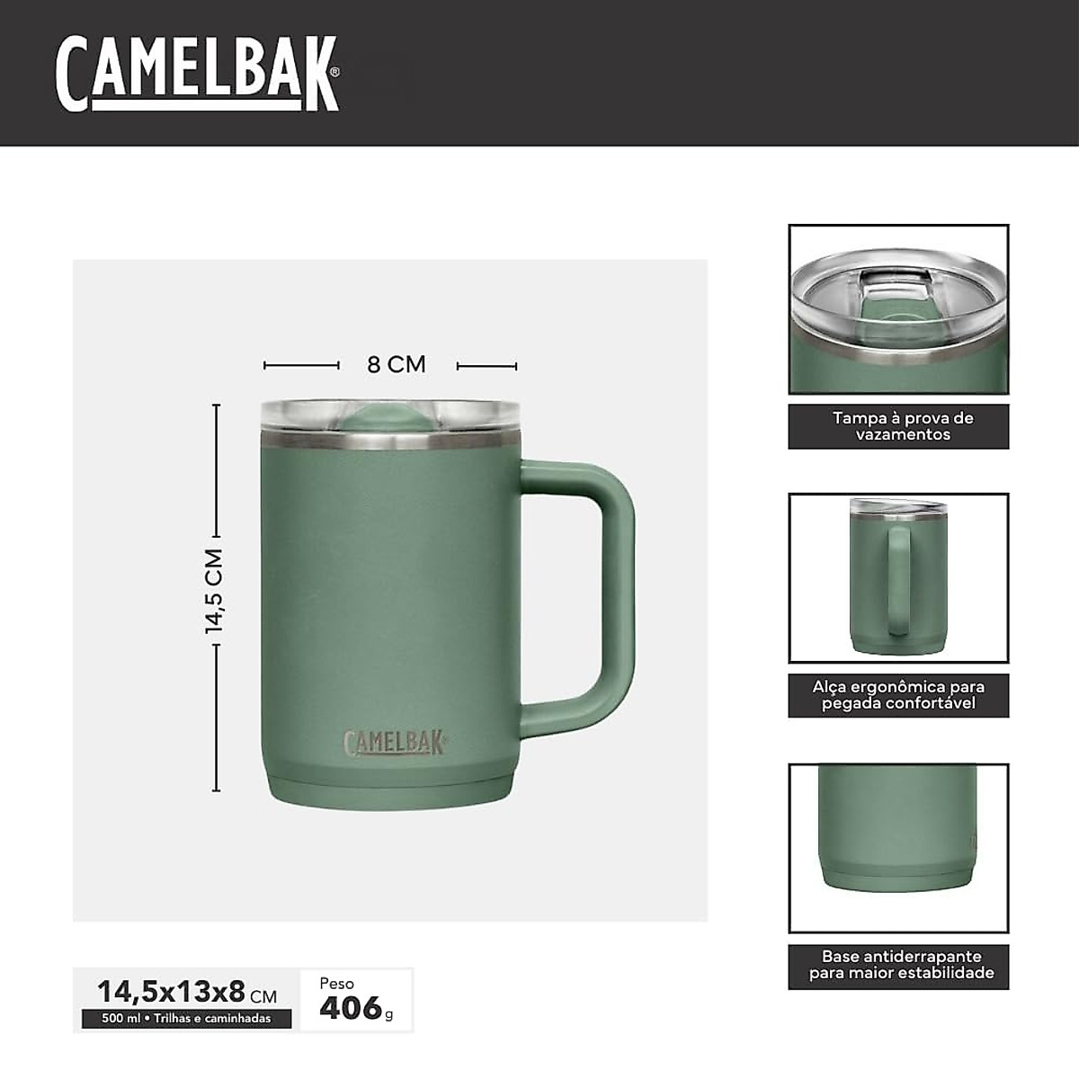 CamelBak Thrive Leak-Proof 16 oz Mug, Insulated Stainless Steel - For travel, coffee, tea, hot beverages - Spill Proof - Cup-holder Compatible, Moss