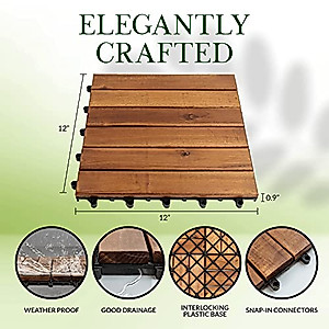 Acacia Wood Interlocking Deck Tiles for Outdoor/Indoor - (Pack of 10) 12"x12" All Weather Balcony Flooring - Snap Click Together Patio Tiles - Portable Waterproof Dance Floor Covering, Outside Walkway