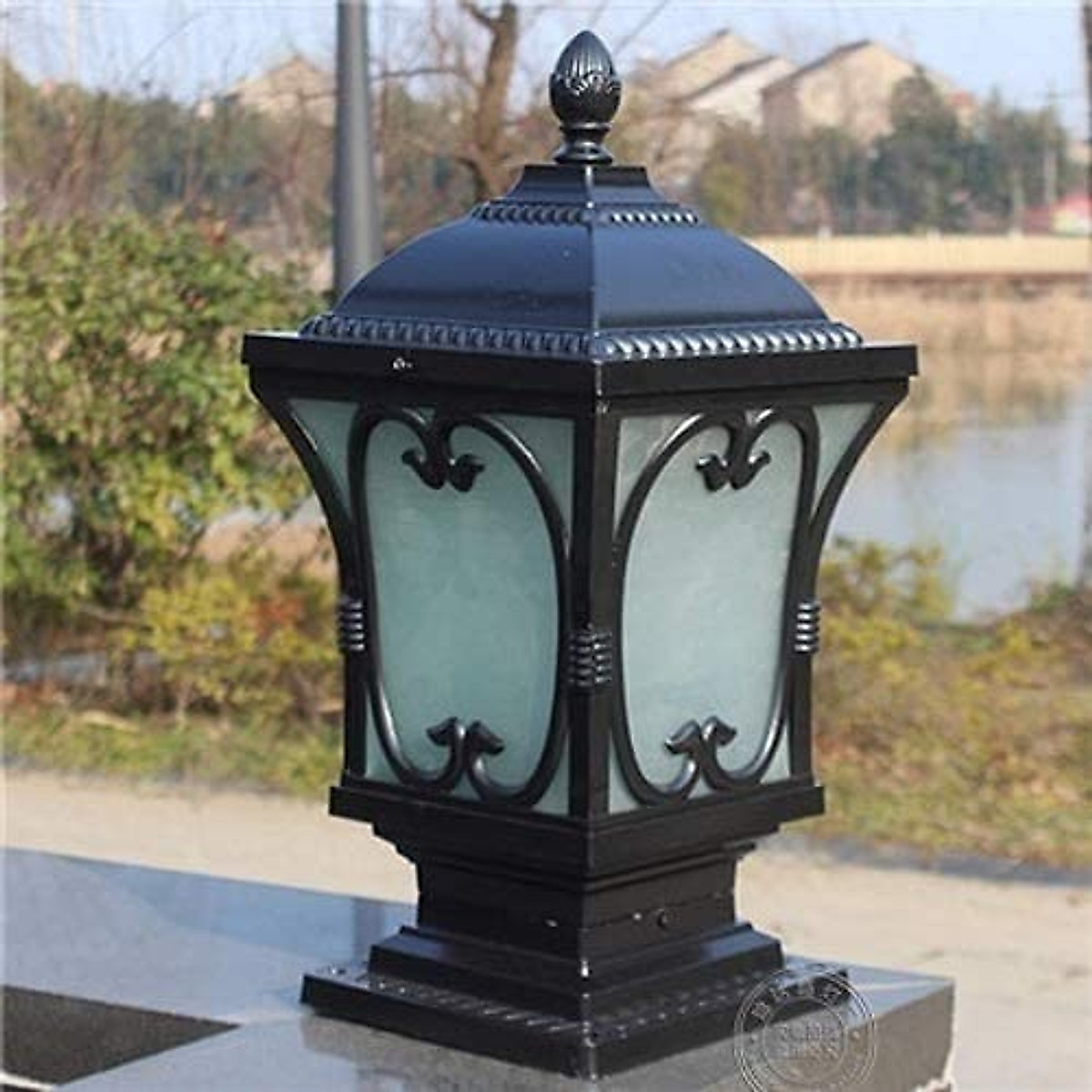 MODEBHD Traditional European Retro Outdoor Glass Lantern Column Lamp Black Post Lights Square IP55 Waterproof Patio Villa Door Pillar Table Light Rainproof E27 Garden Lawn Lamp