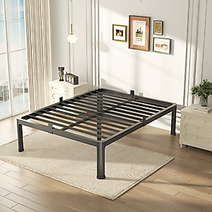 Firpeesy 18 Inch Full Size Bed Frame Metal with Sturdy Steel Round Corner Leg, 3500 lbs Heavy Duty Metal Full Platform Bed with Steel Slats Support，Black Full Bedframe，No Box Spring Needed