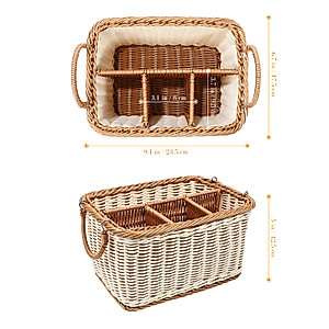 Hemoton Utensil Holder Silverware Caddy, Rattan Hand Woven Cutlery Storage Organizer, Multifunctional Divided Storage Basket, for Hold Forks, Knives, Napkins, Foods and Sundries （ Flexible Handle ）