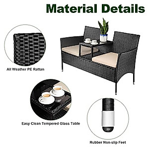 Tuoze Outdoor Patio Loveseats, Wicker Conversation Furniture Sets with Coffee Table for Garden Lawn Polish Backyard and Bistro (Beige)