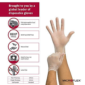 Microflex Derma Free DF-850 Disposable Smooth Vinyl Gloves for Food Prep & Handling - Large, Natural (Box of 100)
