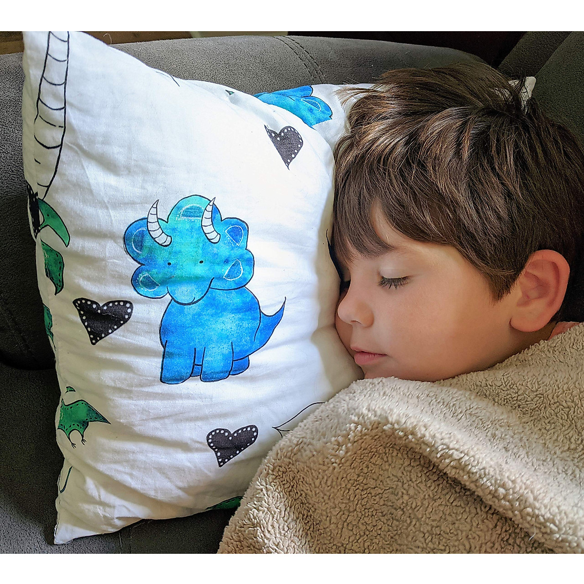 JumpOff Jo – Toddler Pillow for Kids, No Pillowcase Needed, Kids Travel Pillow, 100% Cotton Cover, Hypoallergenic, Machine Washable – 14”x19 (Dinosaur)