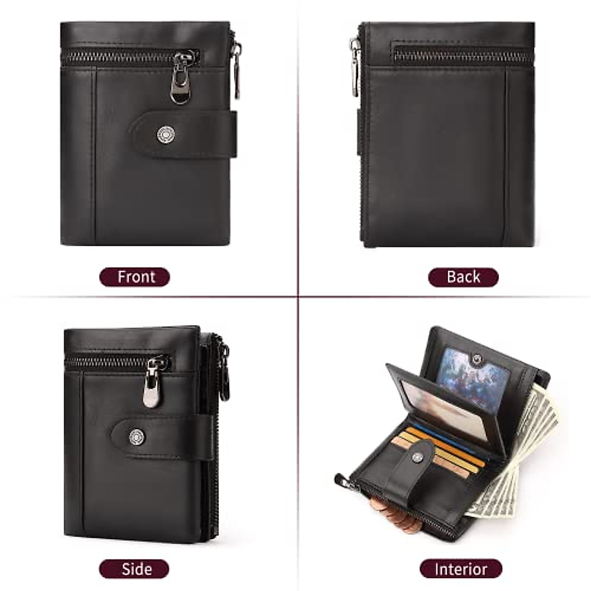 TEUEN Large Capacity RFID Blocking Genuine Leather Wallet for Men 11 Card Slots 2 ID Windows Snap Button Bifold Wallets