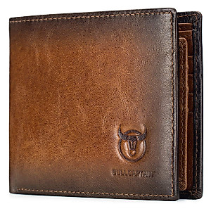 BULLCAPTAIN Wallets for Men with Double Zip Coin Purse Bifold Vintage Genuine Leather Slim Front Pocket Wallet Money Clip QB-5#3(Brown)