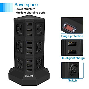 Powerjc Tower Power Strip Surge Protector Socket 12 AC Outlets Smart 6 USB Ports Chargers 10 Feet Long Extension Cord Indoor Black