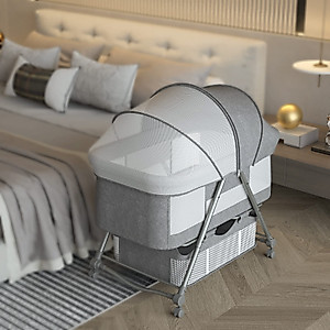 67i Baby Bassinet Portable Folding Rocking Bedside Bassinet Crib for Baby Cosleeper Bassinets Bedside Sleeper on Wheels with Mosquito Nets Newborn Infant Toddler Bassinet with Storage Basket (Grey)