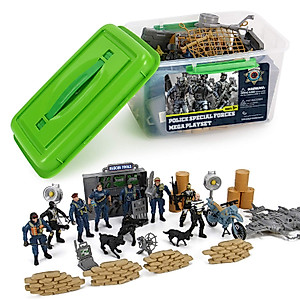 Liberty Imports Police Patrol Special Forces Action Figures Soldiers Vehicles & Accessories - Military Toy Combat Mega Playset in Storage Bucket (75 Pieces)