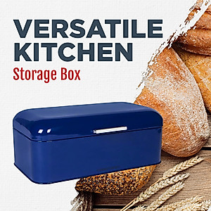 Culinary Couture Extra Large Blue Bread Box for Kitchen Countertop - Holds 2 Bread Loaves! - 16.5" x 9" x 6.5" - Stainless Steel Vintage Bread Boxes for Kitchen Counters