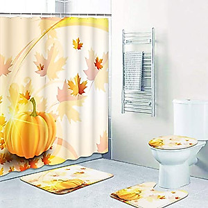 Pumpkin Bathroom Sets with Shower Curtain and Rugs and Accessories,Pumpkin Halloween Shower Curtain Sets,Autumn Leaf Shower Curtains for The Bathroom,Fall Bathroom Decor 4 Pcs