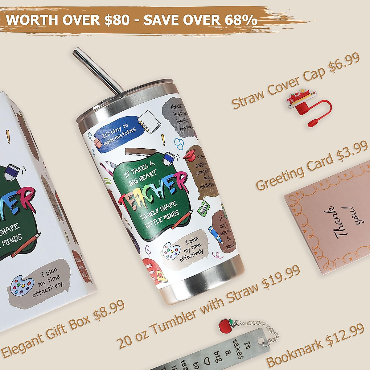 Decostatue 20oz Insulated Stainless Steel Tumbler Gifts for Teachers - Teacher Appreciation, Graduation, Birthday & Retirement Gifts, Set of 7 with Straw, Brush, Cover, Bookmark, Card & Box