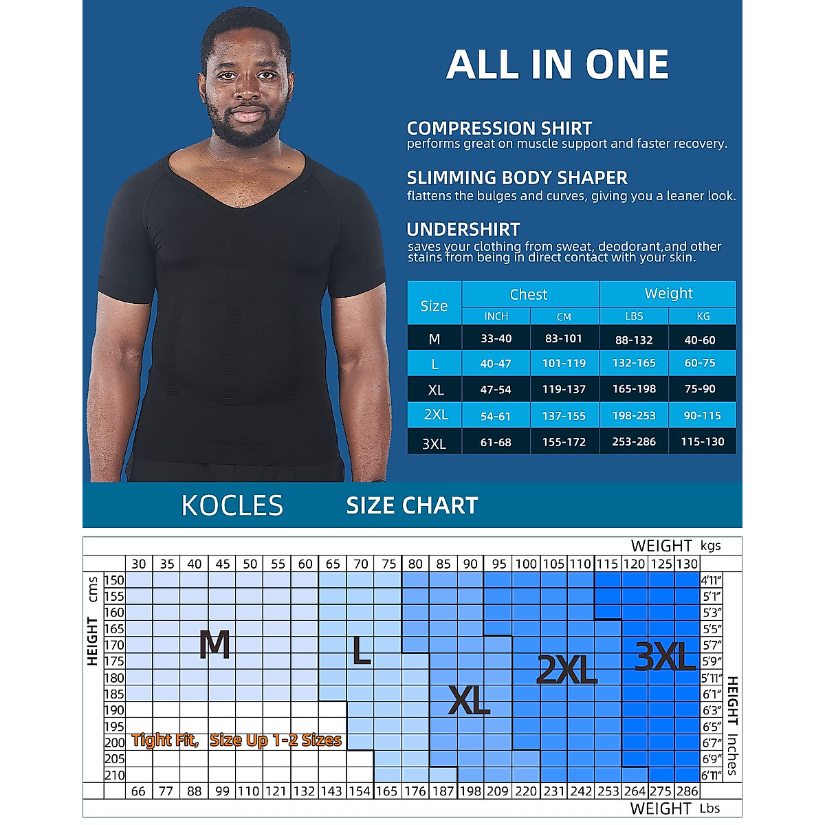 KOCLES Gynecomastia Compression Shirts for Men, Shapewear Slimming Body Shaper Undershirt, V-Neck Baselayer T-Shirt for Workout Sports, Fajas para Hombres (Black, X-Large)