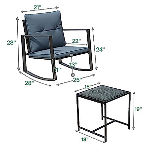 Pyramid Home Decor 3 Piece Rocking Bistro Set - Synthetic Wicker Outdoor Furniture - Glass Coffee Table with 2 Chairs for Balcony, Patio & Porch - Black Metal, Soft Cushions (Gray)