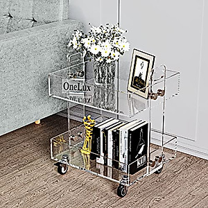 (Flat Packed) ONELUX Original Acrylic Side Table,Clear Table with Wheels,Rolling Storage cart,Acrylic Bedside Tables/Night Stand - 41×34×48H cm