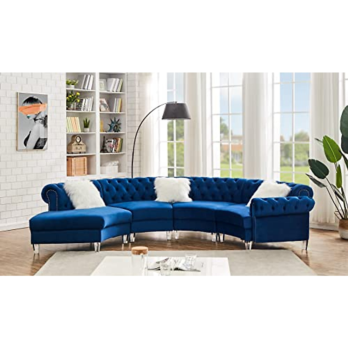Legend Vansen Curved Modular Sofa Semi Circular Couch，Comfortable Velvet Upholstery，Living Room, Apartment, Bedroom Sectional, 138.6'', Blue