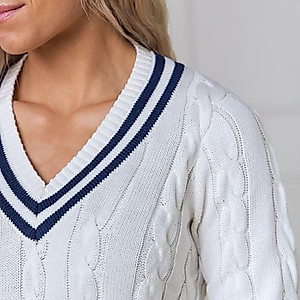 Hope & Henry Women's Organic Long Sleeve V-Neck Cricket Sweater, Large, Soft White Cable with Navy