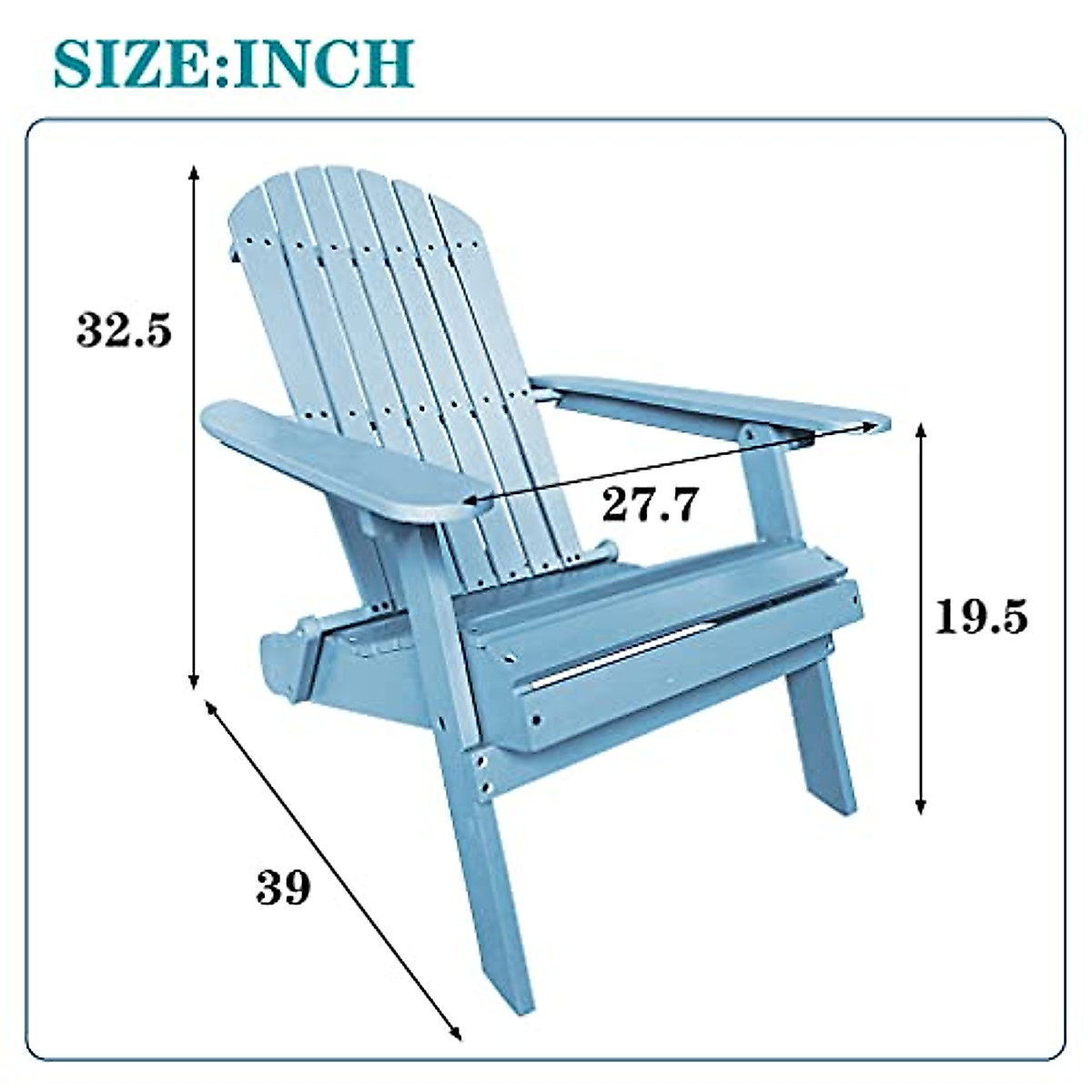 Adirondack Chair,Folding Wooden Lounger Chair，All-Weather Chair for Fire Pit/Garden/Fish with 250lbs Duty Rating，Turquoise