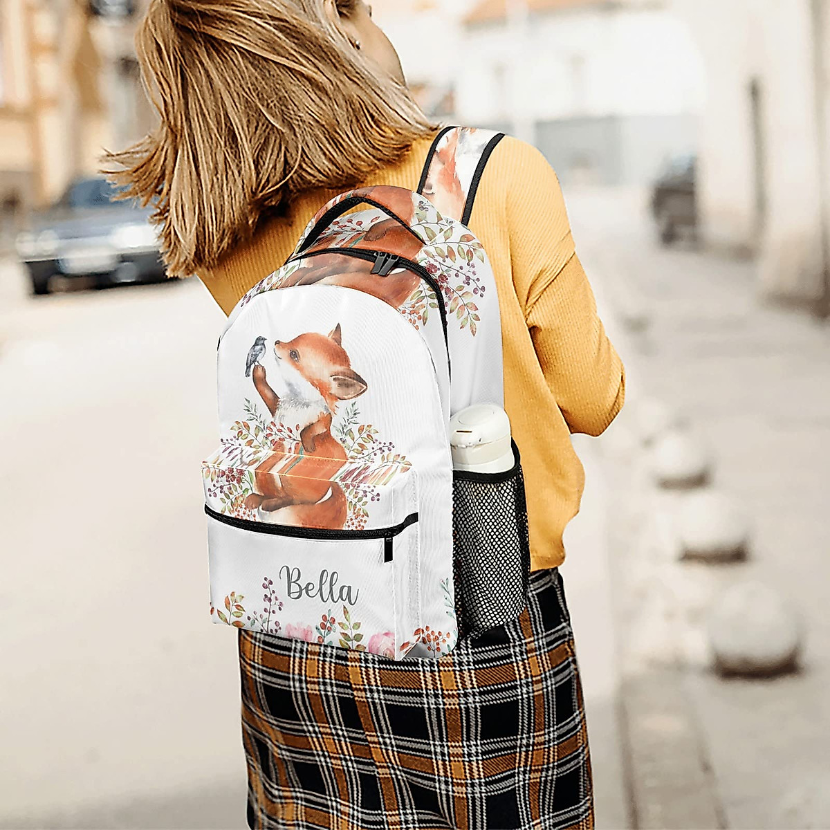 Cute Fox Little Bird Custom Kids Backpack 16.5 Inch for Boy Girl, Personalized Waterproof Child School Travel Bag with Name