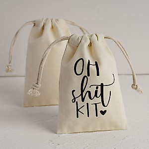 PandaSew Oh Kit Bags Party Favor Bags for Bachelorette Survival Jewelry Bag Luxury Beige Cotton Canvas Drawstring Bag for gift (20pcs 4x6 inch)