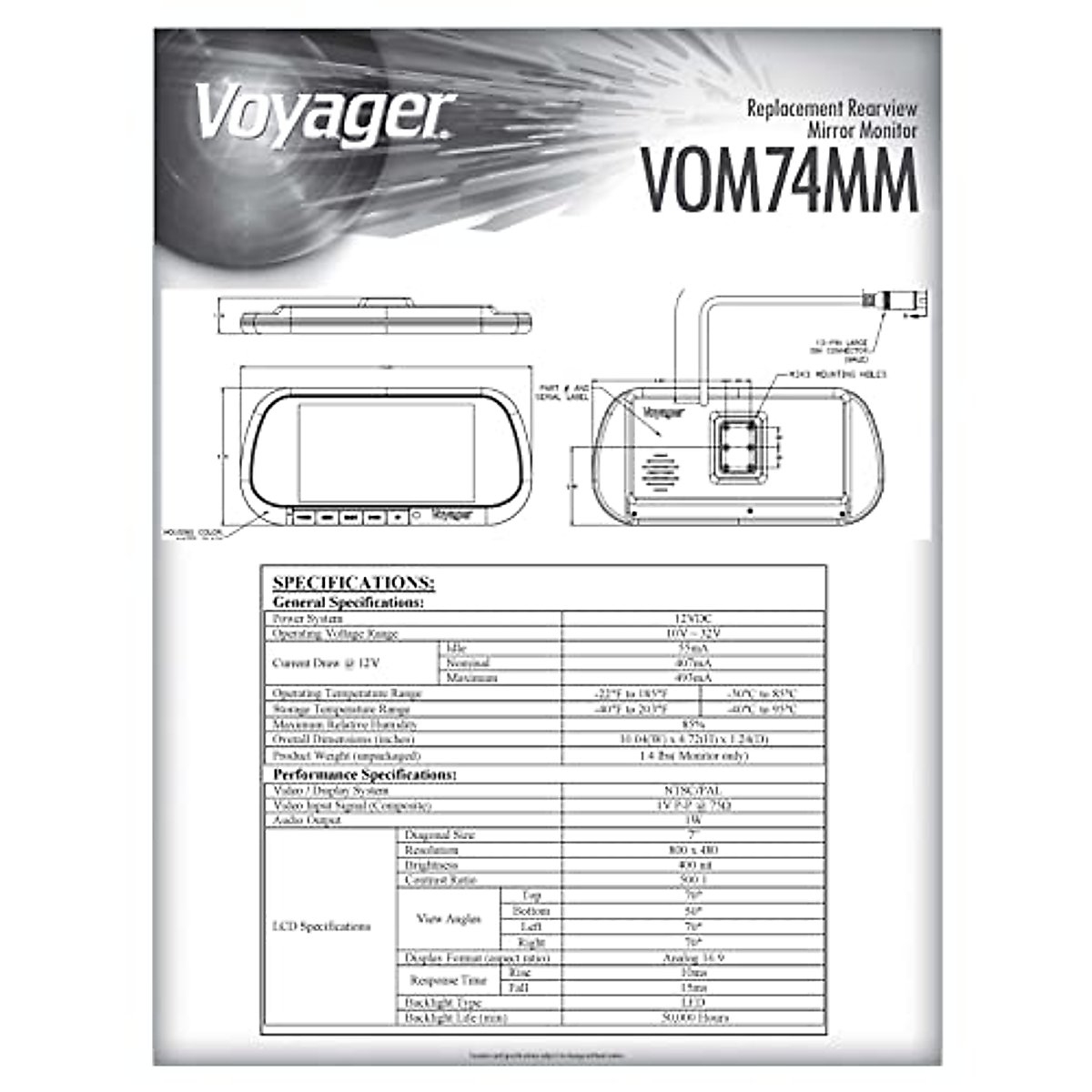 Voyager VOM74MM Rearview Mirror Monitor, 7inch TFT LCD Display w/ Highly-reflective Glass Surface Serving as When Back-Up Camera is not Active, 3 Inputs, Built-In Speaker (Renewed) Black